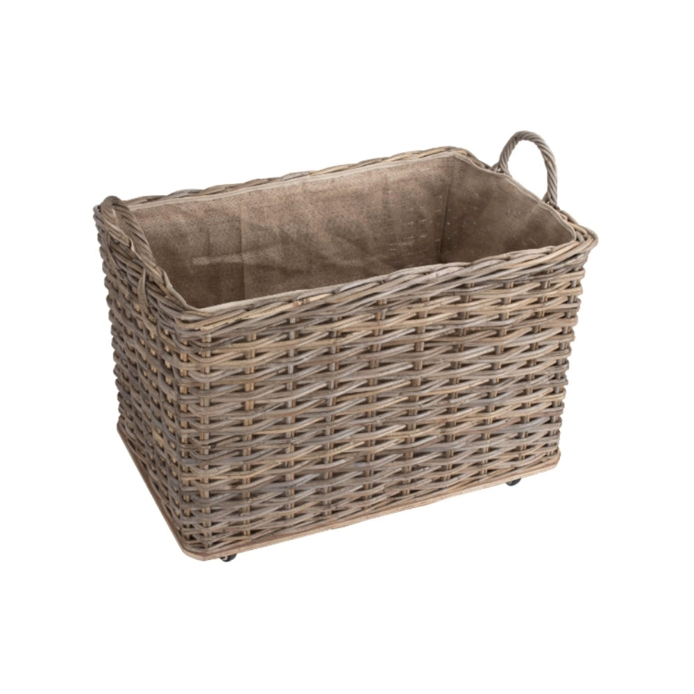 Wheeled Hessian Lined Rattan Log Basket | Red Hamper