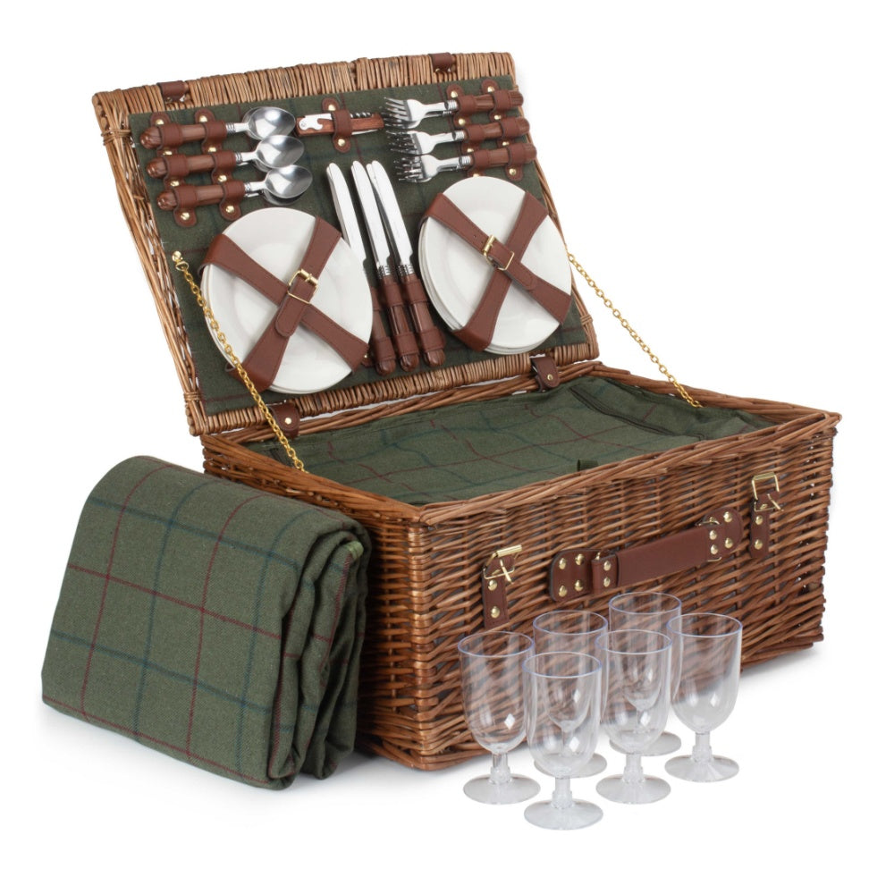 6 Person Green Tweed Classic Picnic Basket | Red Hamper